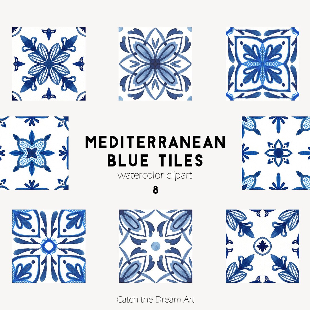 Mediterranean Blue Tiles Watercolor Clipart DIY Portuguese Azulejo ...