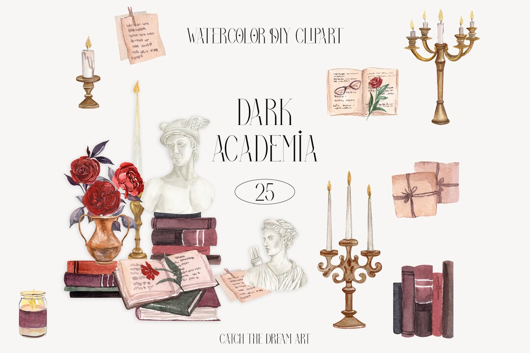 Watercolor Dark Academia Clipart - Vintage Wizarding Booklover Clipart ...