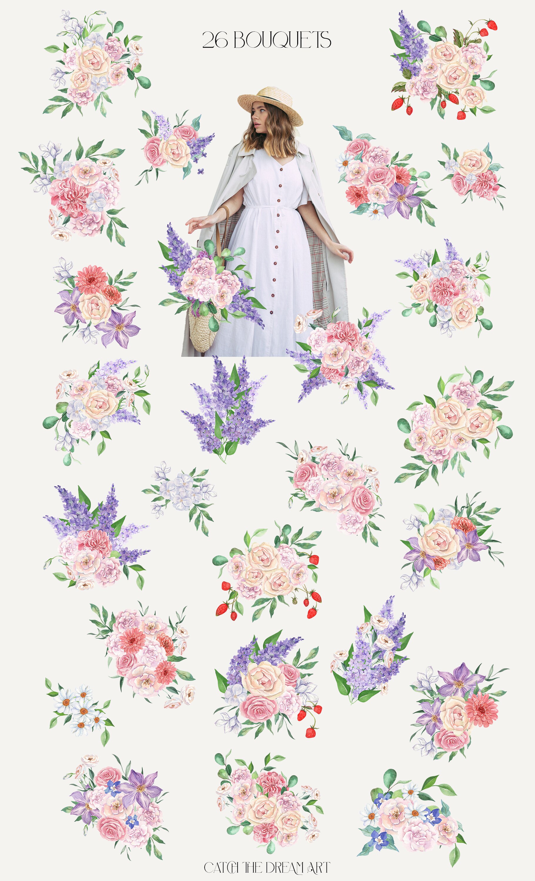 Soft Florals Watercolor Clipart Pastel Spring Cottagecore Bouquets ...