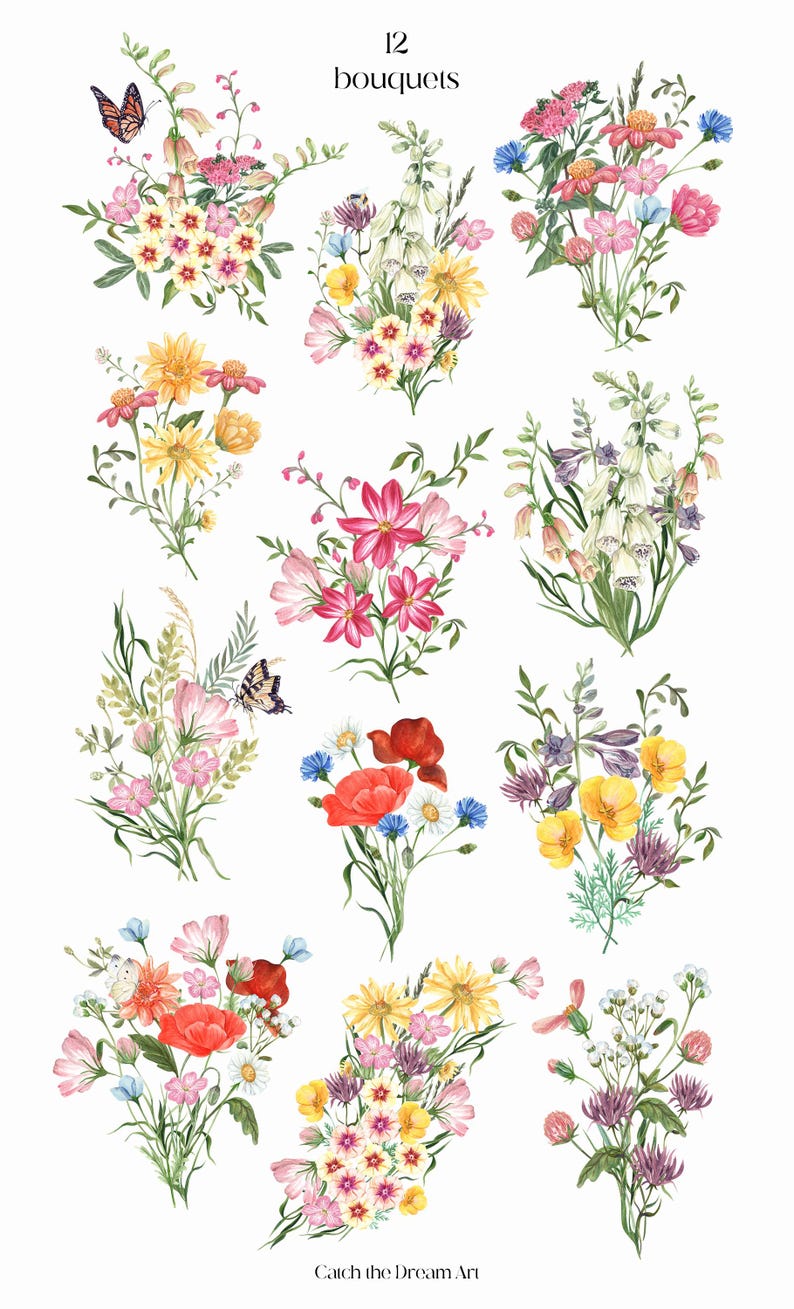 Watercolor Wildflower Clipart – Summer Meadow Bouquets (digital ...
