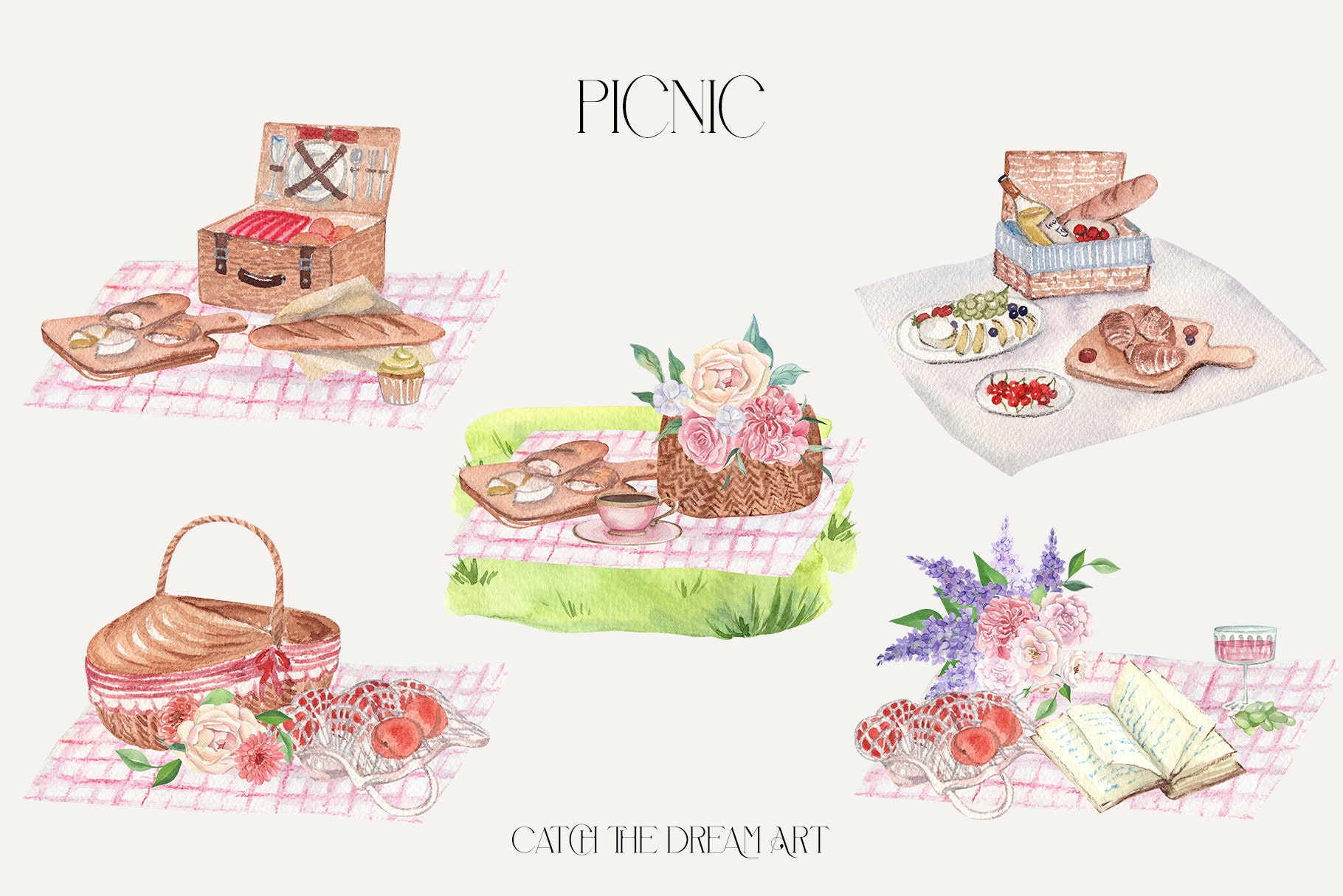 Watercolor Picnic Clipart Cottagecore Picnic Basket Book Fruit Tea ...