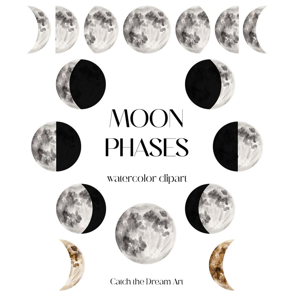 Watercolor Moon Phases Clipart - Lunar Phase Gold Crescent Moon ...