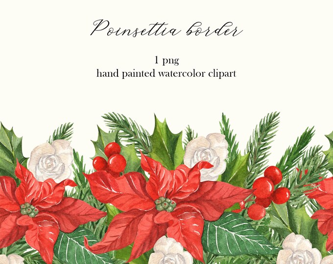 Watercolor Poinsettia Christmas Border Clipart (PNG Digital Download ...