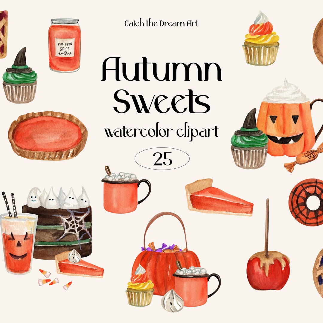 Autumn Sweets and Drinks Watercolor Clipart Tasty Fall Halloween Treats ...