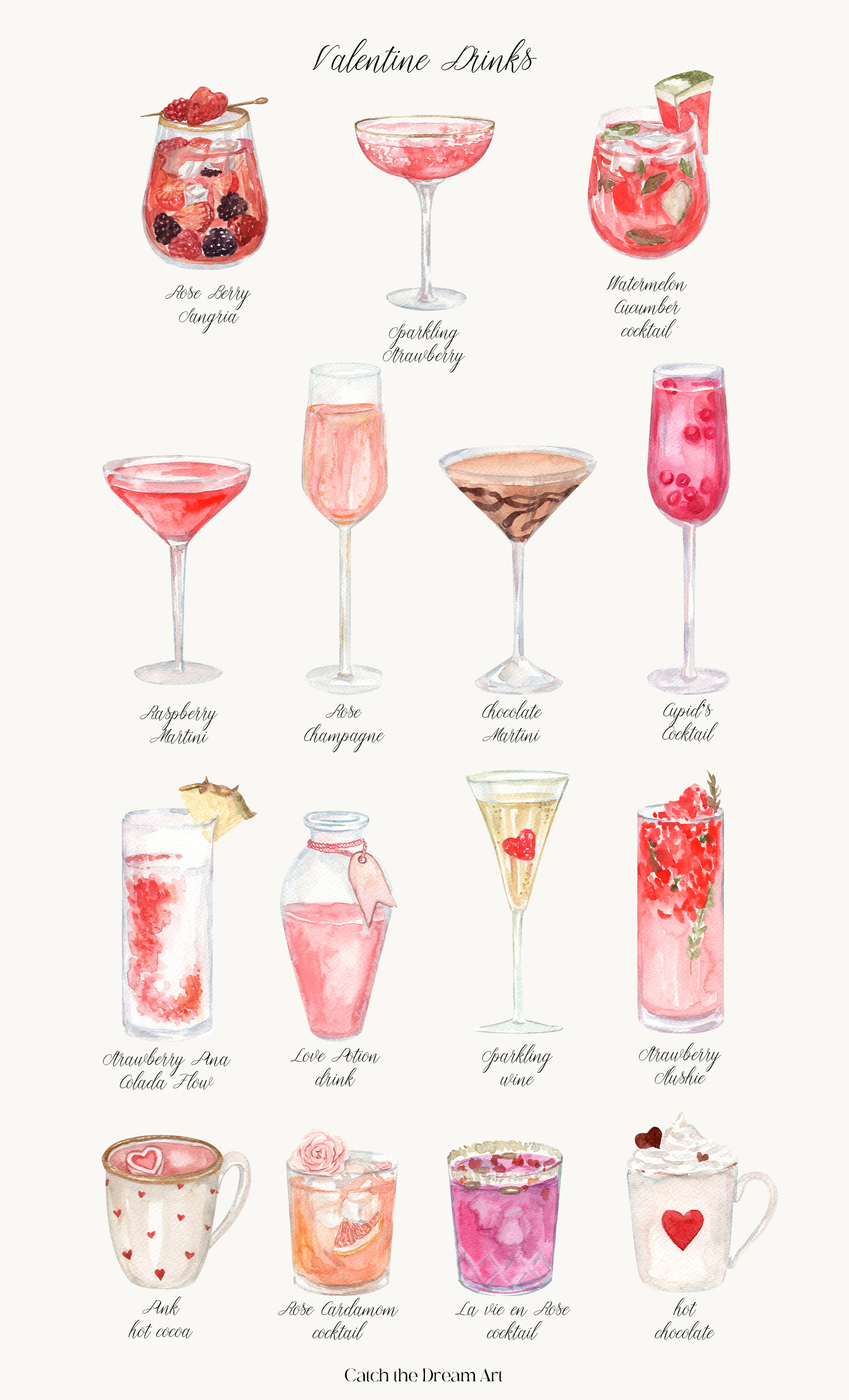 Watercolor Valentine Cocktail Clipart Pink Alcohol Mix Drink Garnish ...