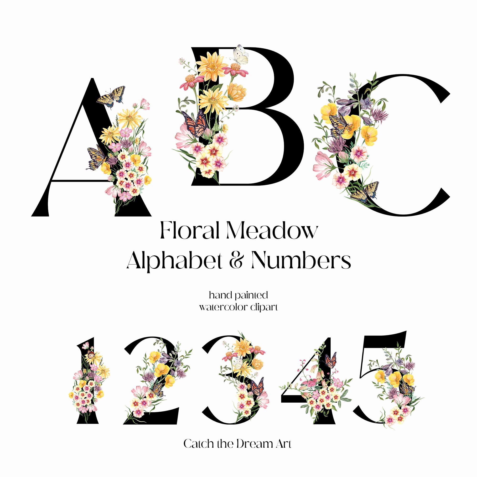 Wildflower Alphabet & Numbers Clipart Delicate Butterfly Meadow Floral ...