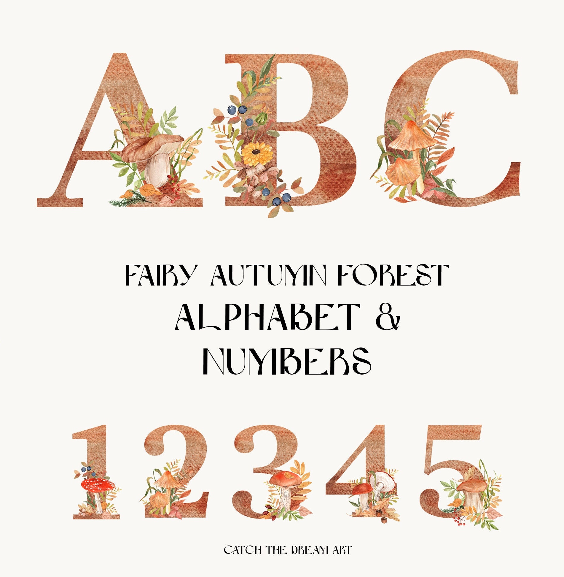 Autumn Floral Alphabet Clipart, Watercolor Forest Letters (PNG Digital ...