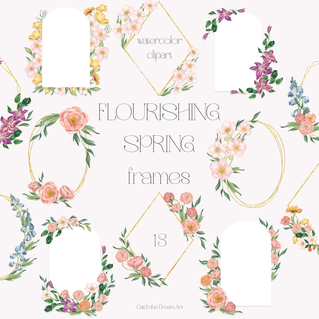 Watercolor Floral Frames Clipart Flourishing Spring Delicate Garden ...