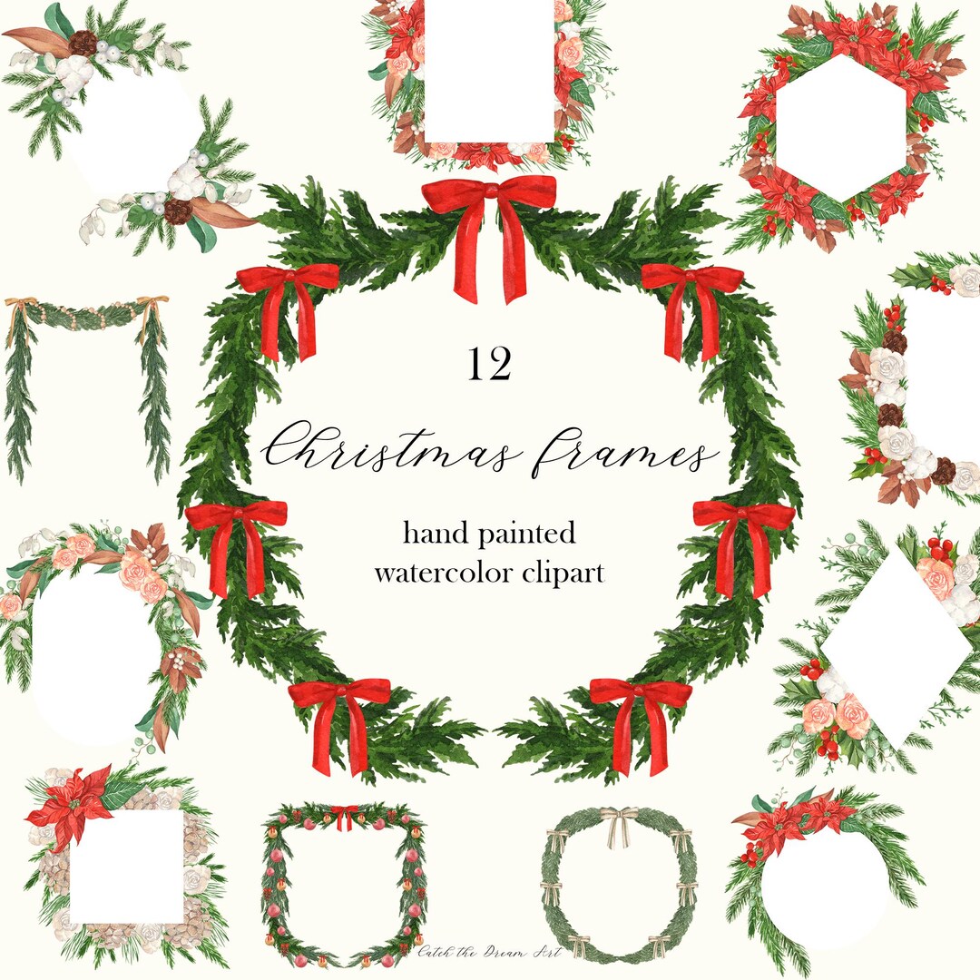 Watercolor Christmas Frames Clipart: Floral Wreath, Poinsettia (PNG ...