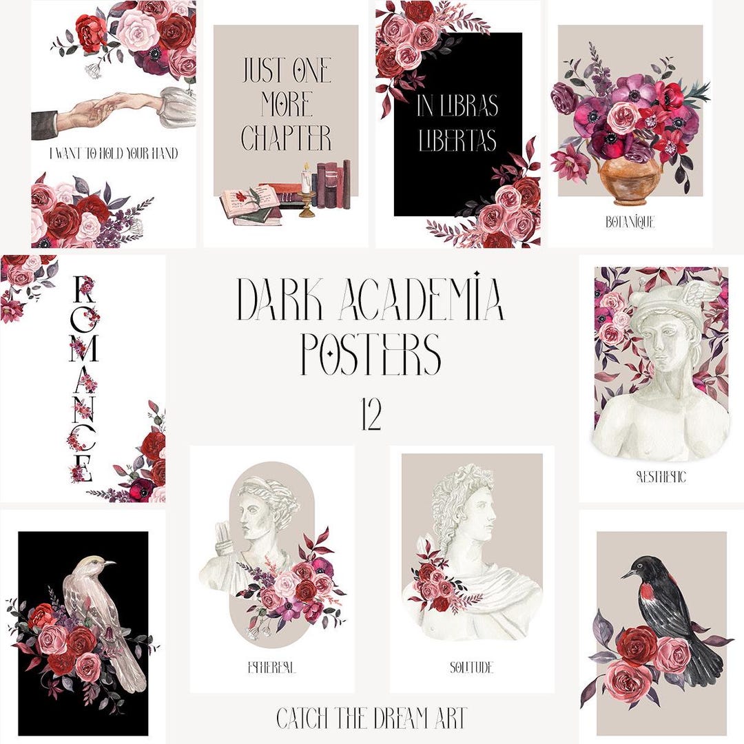 Dark Academia Posters Watercolor Clipart - Printable Booklover Antique ...