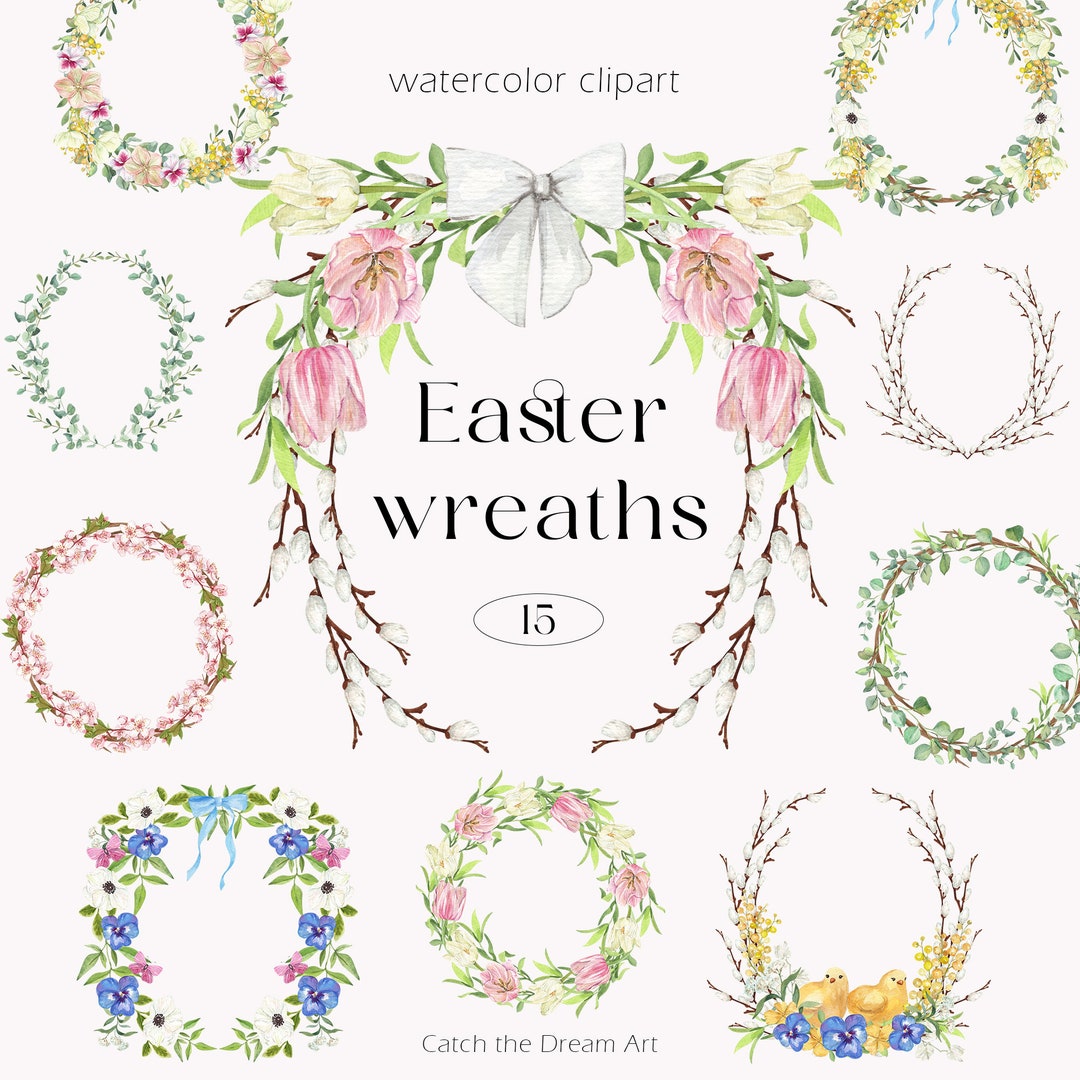 Watercolor Easter Wreaths Clipart - Spring Floral Wreath Delicate ...