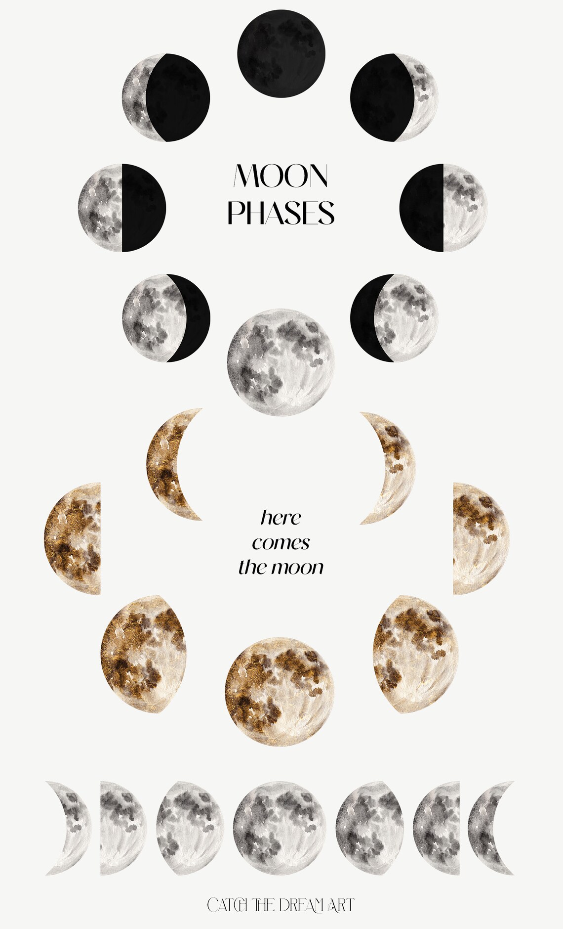 Watercolor Moon Phases Clipart Lunar Phase Gold Crescent Moon ...