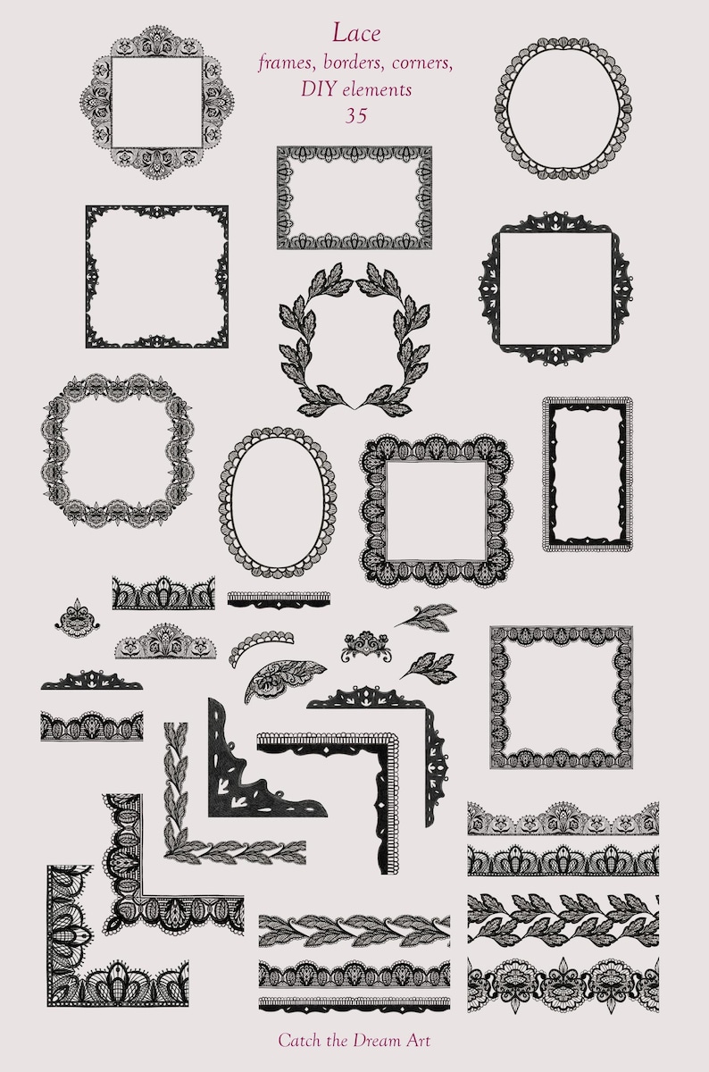 Black Lace Clipart: Lace Frames, Borders, Corners Vintage Hand Drawn ...