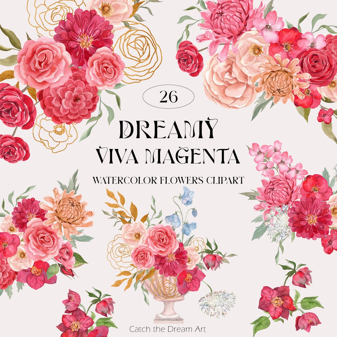 Watercolor Burgundy Gold Flowers Clipart Viva Magenta Florals Maroon ...