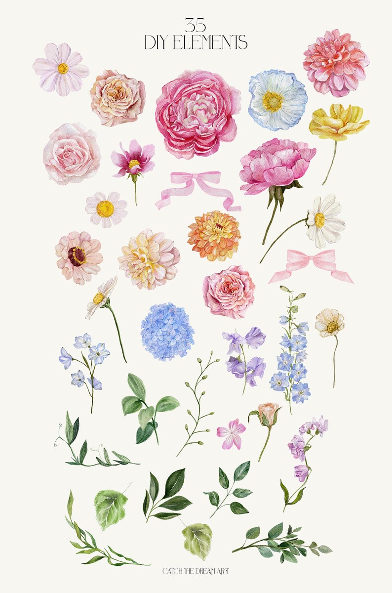 Watercolor Floral Blooms Clipart: Peony Wreaths, Ribbon Frames ...
