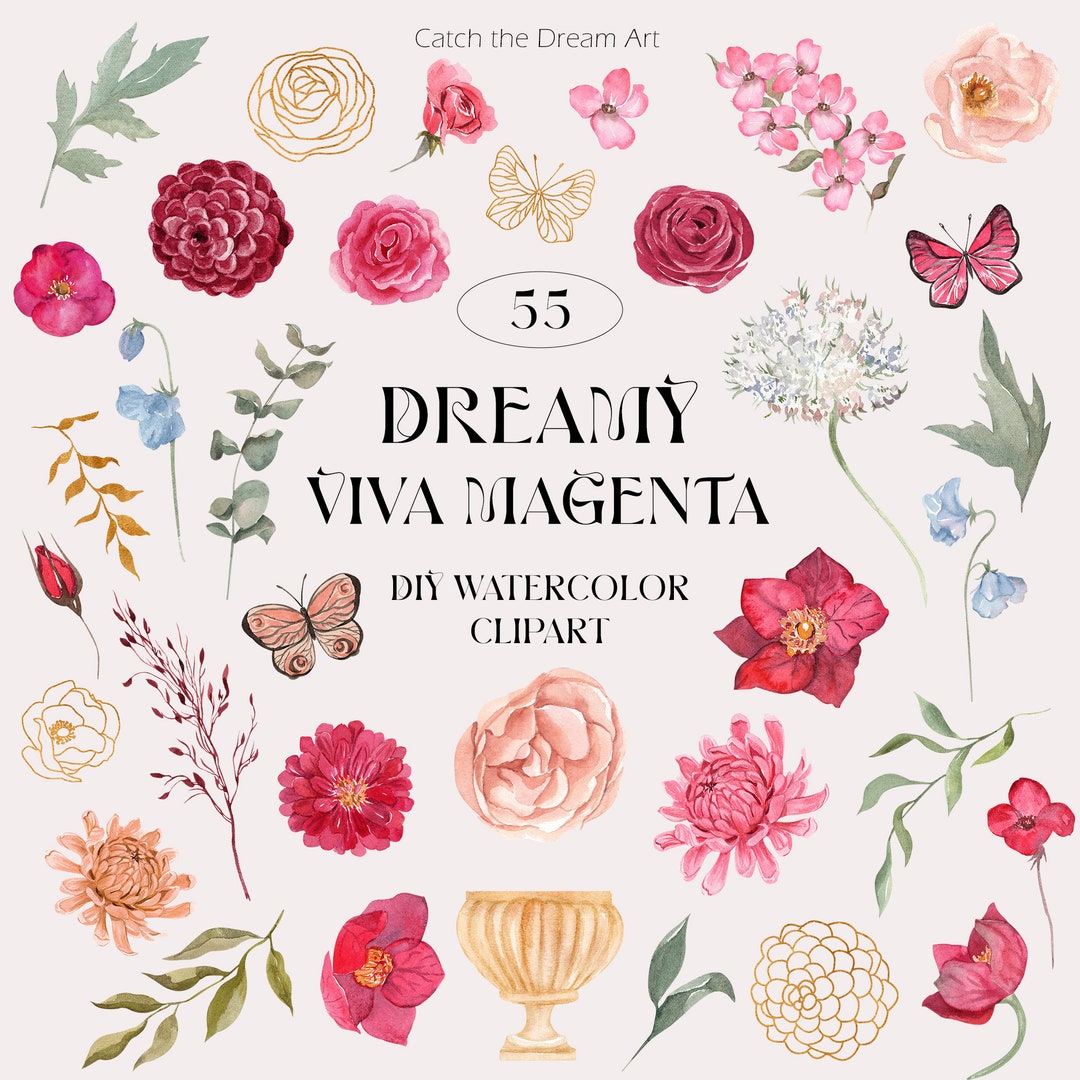 Magenta Floral DIY Watercolor Clipart - Burgundy & Gold Flowers Maroon ...