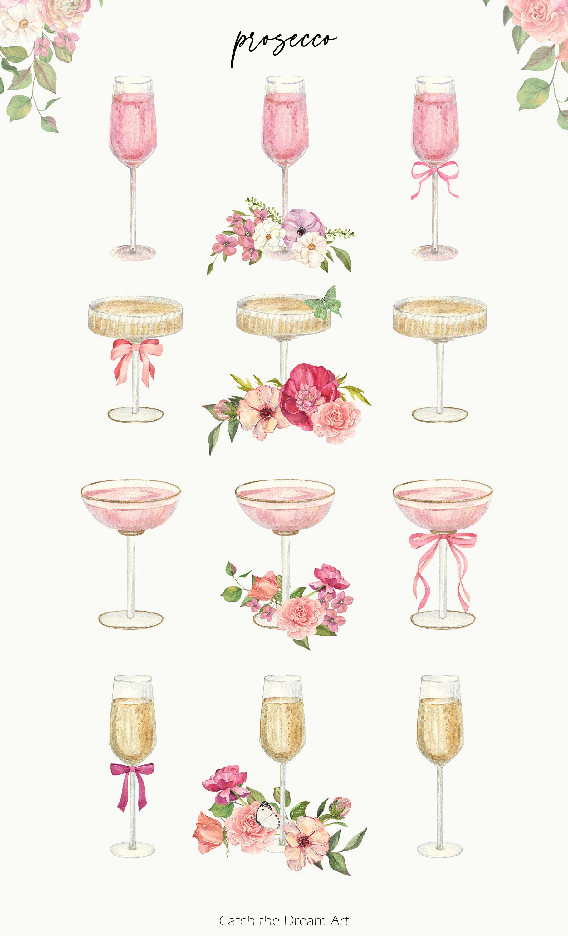 Watercolor Prosecco Clipart – Pink Flowers, Champagne, Bridal Shower ...