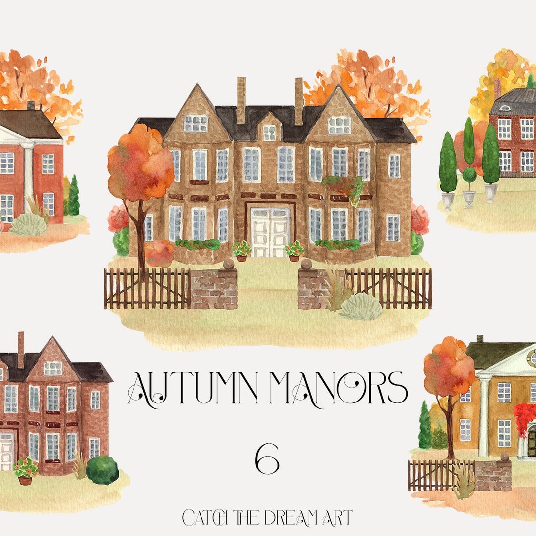 Autumn Manor Houses Watercolor Clipart Fall Mansion Vintage Cottage ...