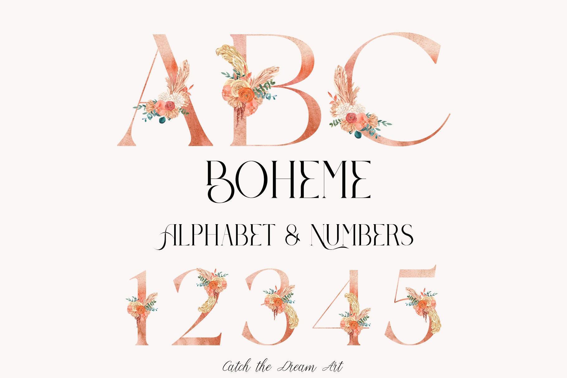 Boho Floral Alphabet & Numbers Clipart Delicate Boheme Flowers Pampas ...
