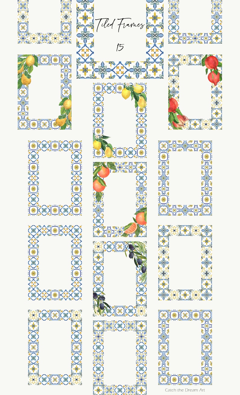 Blue Tile Frames Watercolor Clipart - Mediterranean Portuguese Azulejo ...