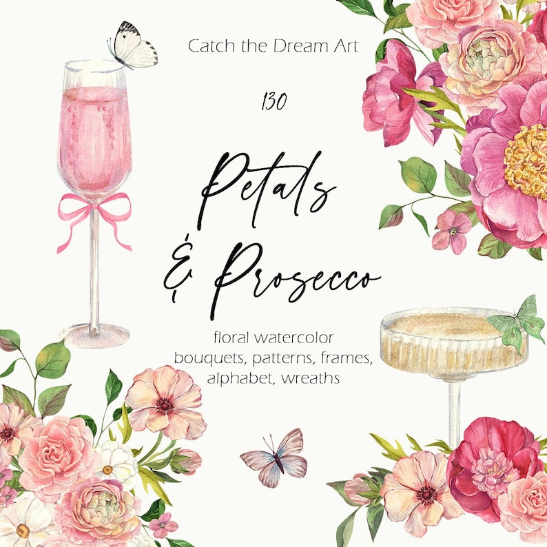 Watercolor Clipart: Petals, Prosecco, Floral Alphabet (digital Download ...