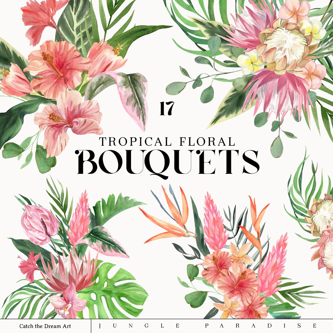 Watercolor Tropical Bouquet Clipart: Exotic Jungle Flowers (PNG) - Etsy