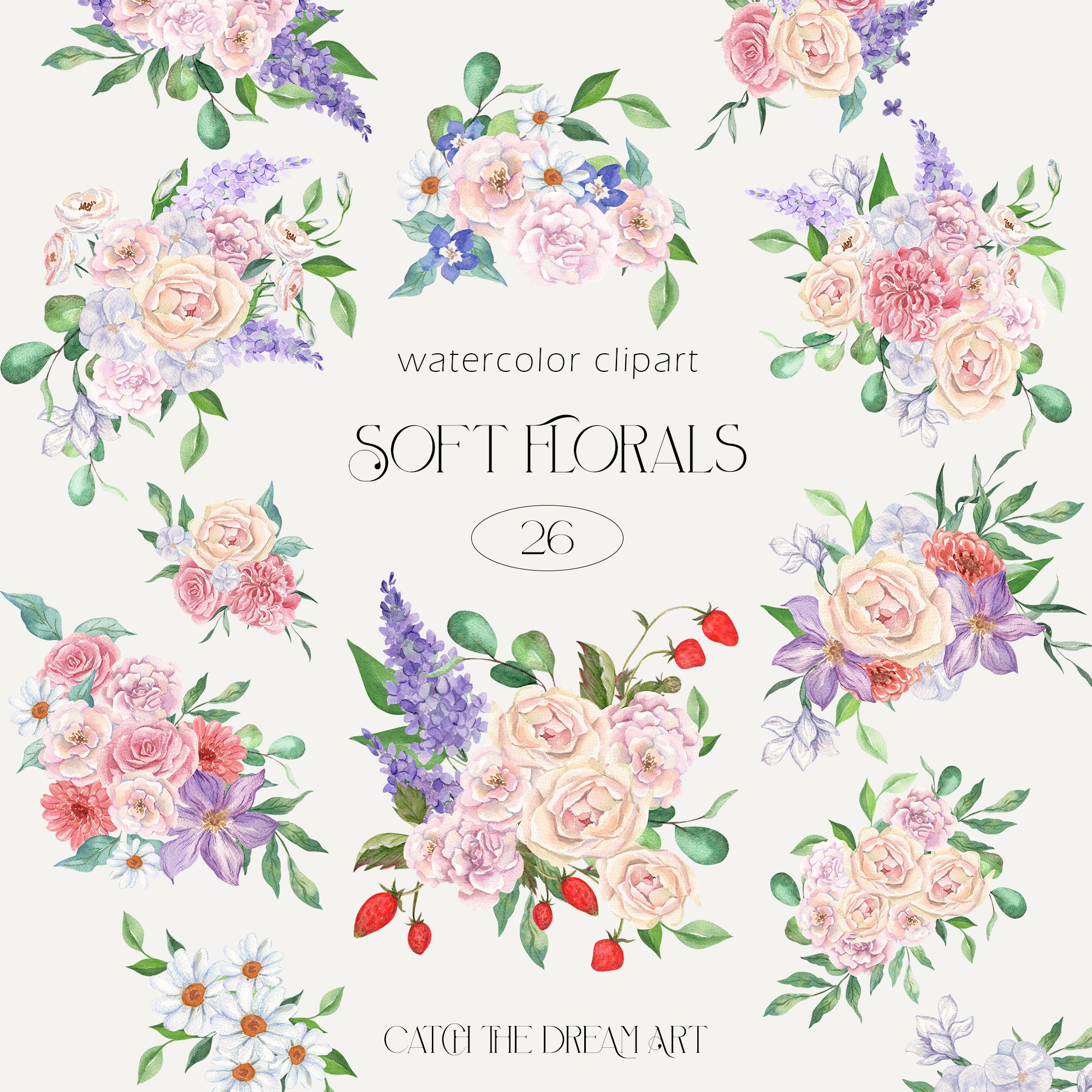 Soft Florals Watercolor Clipart - Pastel Spring Cottagecore Bouquets ...
