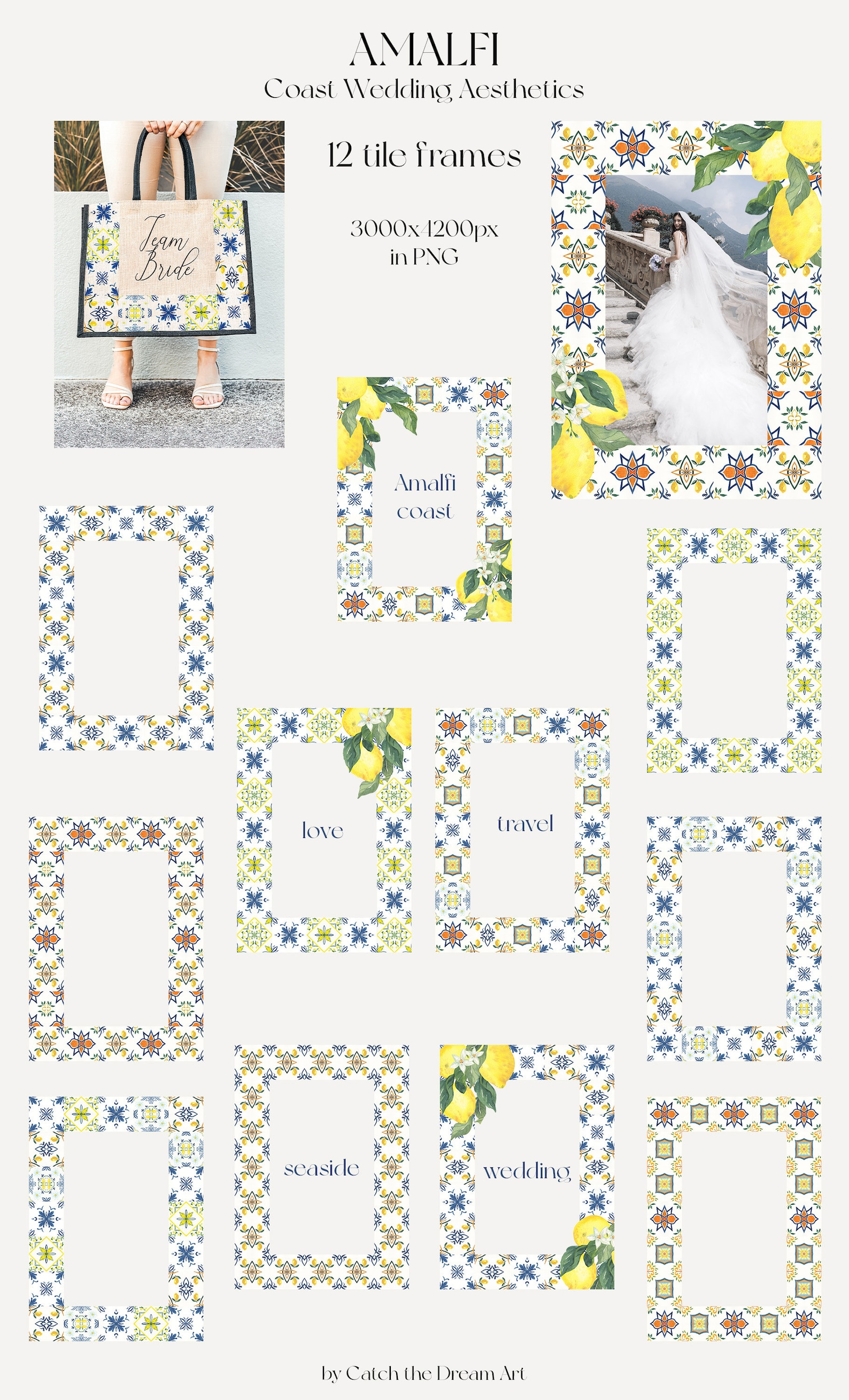 Amalfi Wedding Watercolor Clipart - Mediterranean Tile Frames Citrus Lemons Vibrant Flowers Main ...