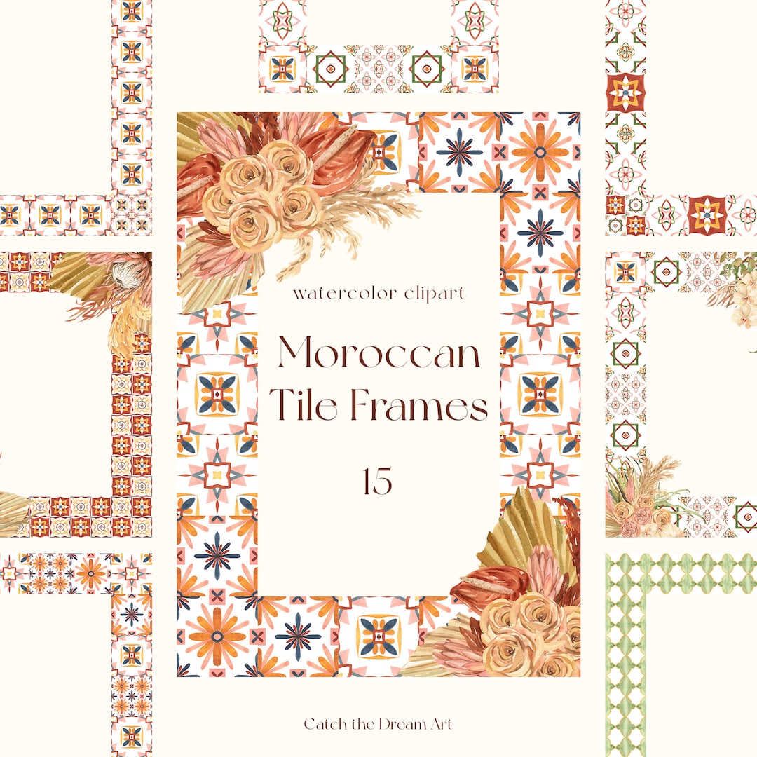 Moroccan Tile Frames Watercolor Clipart Boho Floral Mediterranean ...
