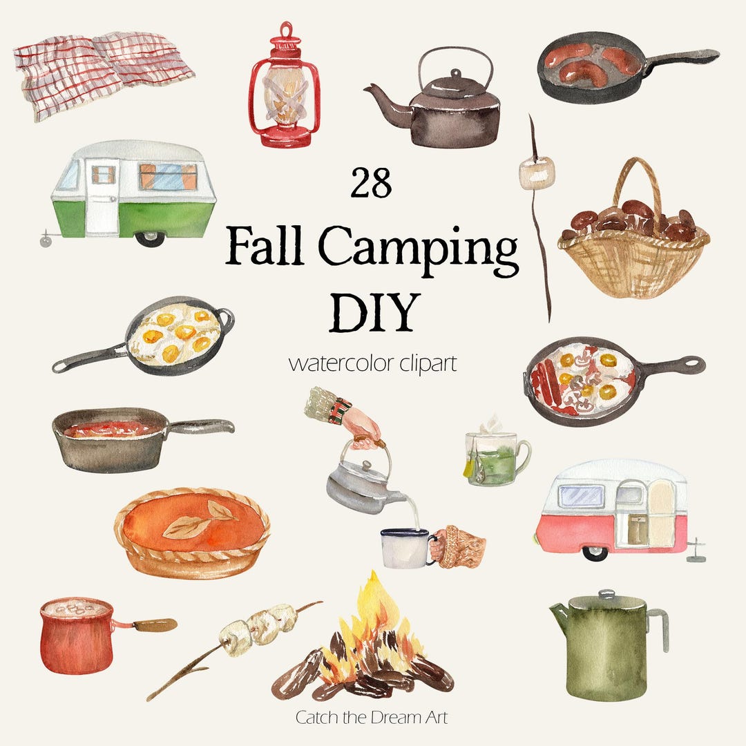 Watercolor Fall Camping Clipart: Bonfire, Camper, Picnic (digital ...