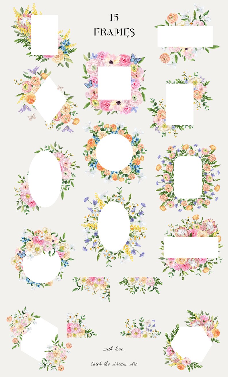 Dreamy Floral Frames Watercolor Clipart Iridescent Pastel Flower Frame ...
