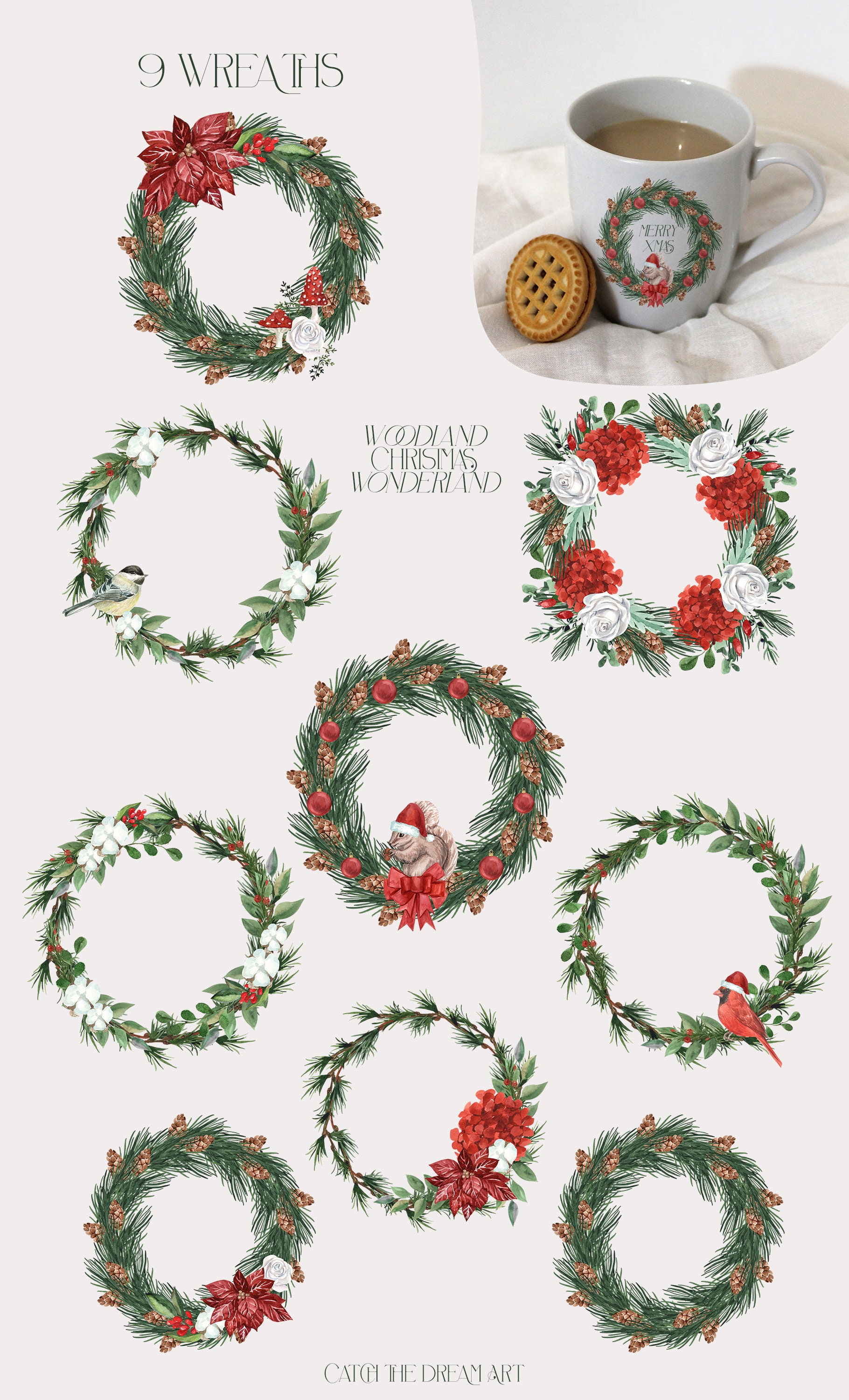 Woodland Christmas Floral Wreaths Watercolor Clipart Winter Flower ...