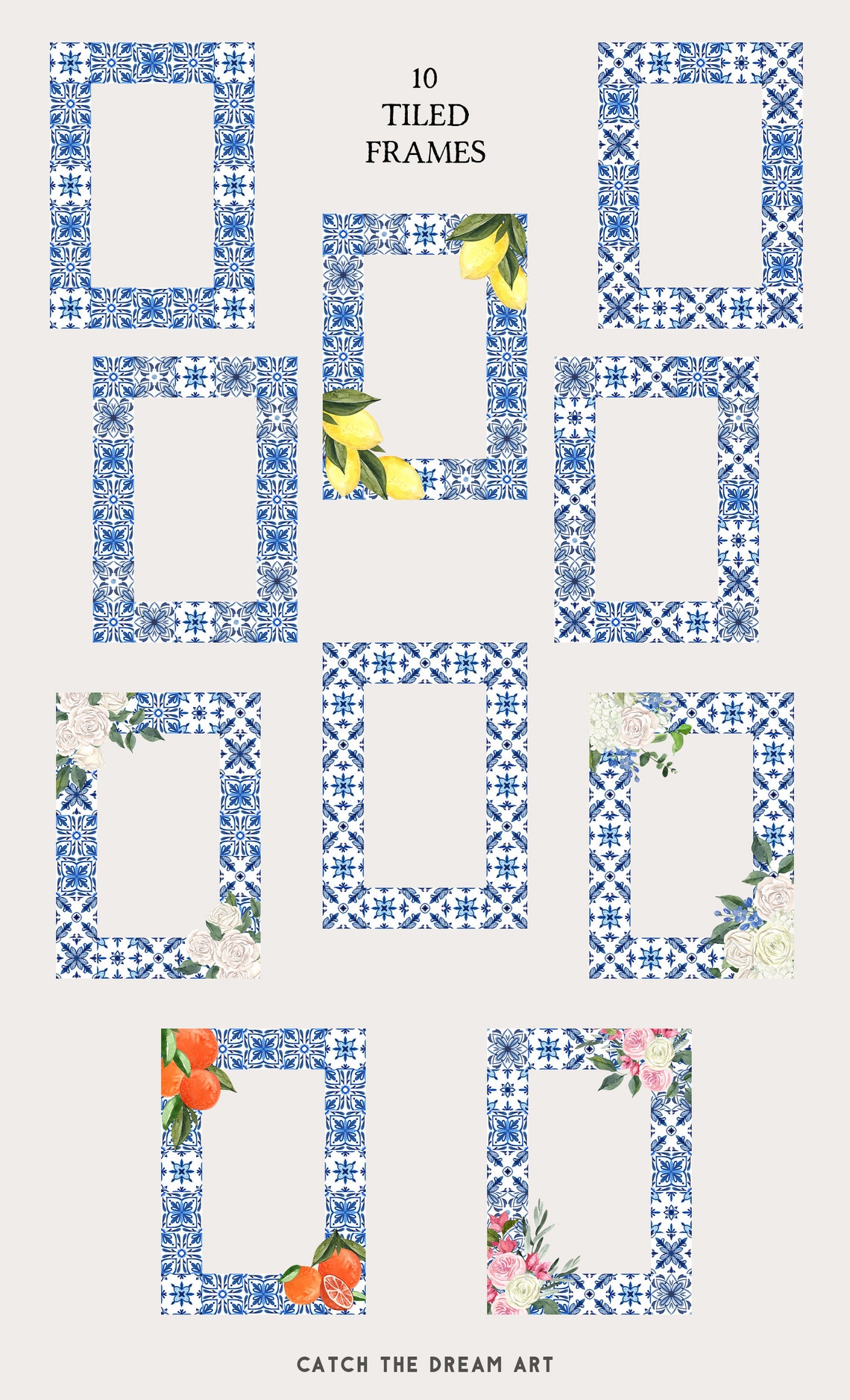 Santorini Blue Tile Frames Watercolor Clipart Mediterranean Portuguese ...