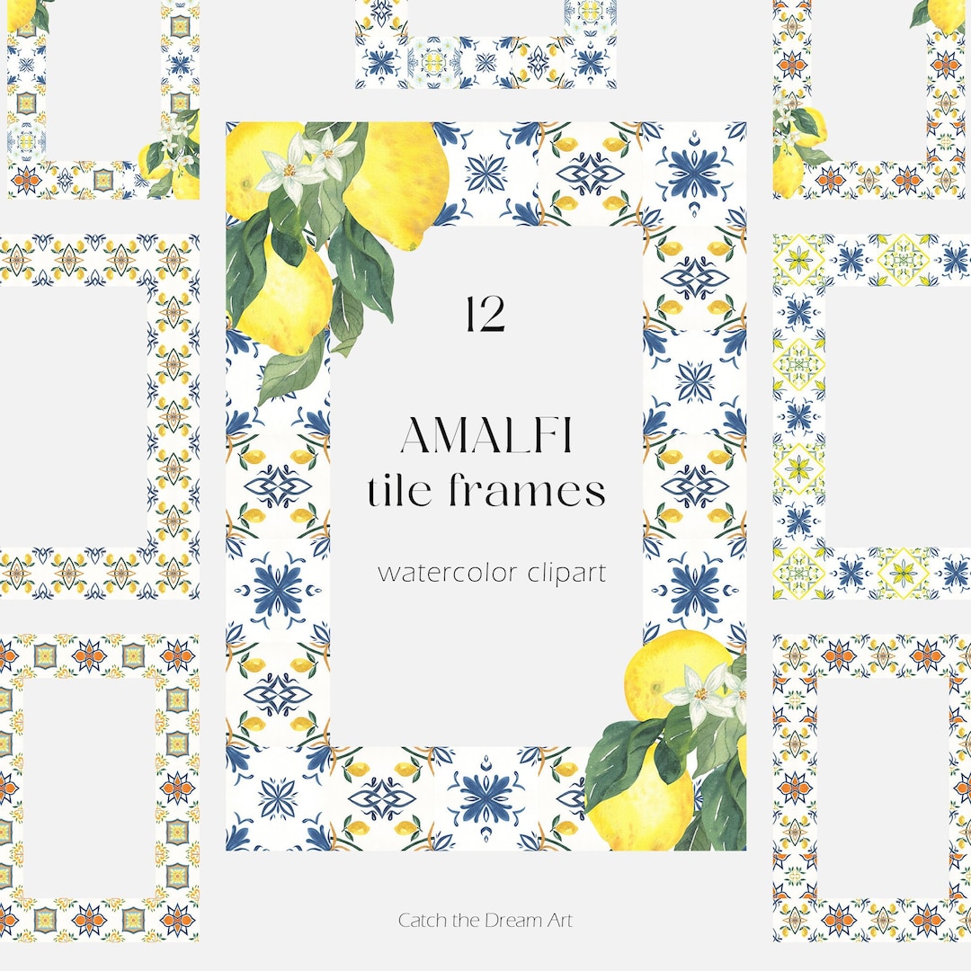 Amalfi Blue Tile Lemon Frames Watercolor Clipart Mediterranean ...