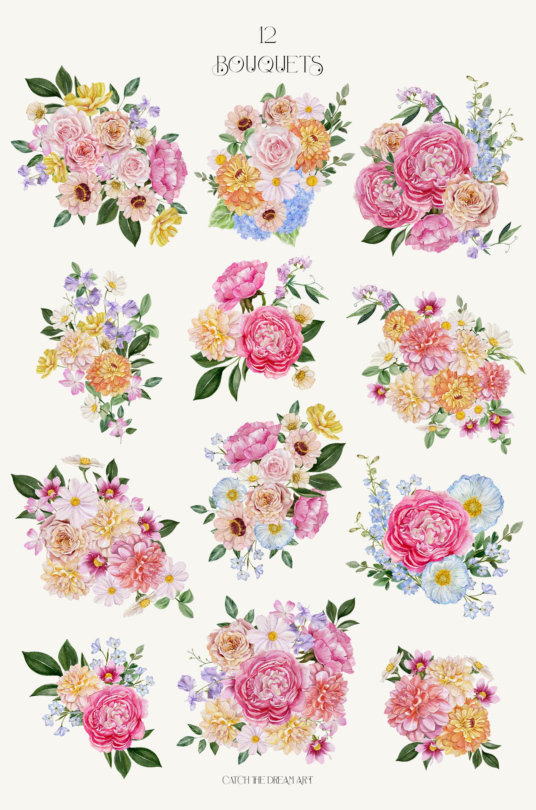 Watercolor Floral Blooms Clipart: Peony Wreaths, Ribbon Frames ...