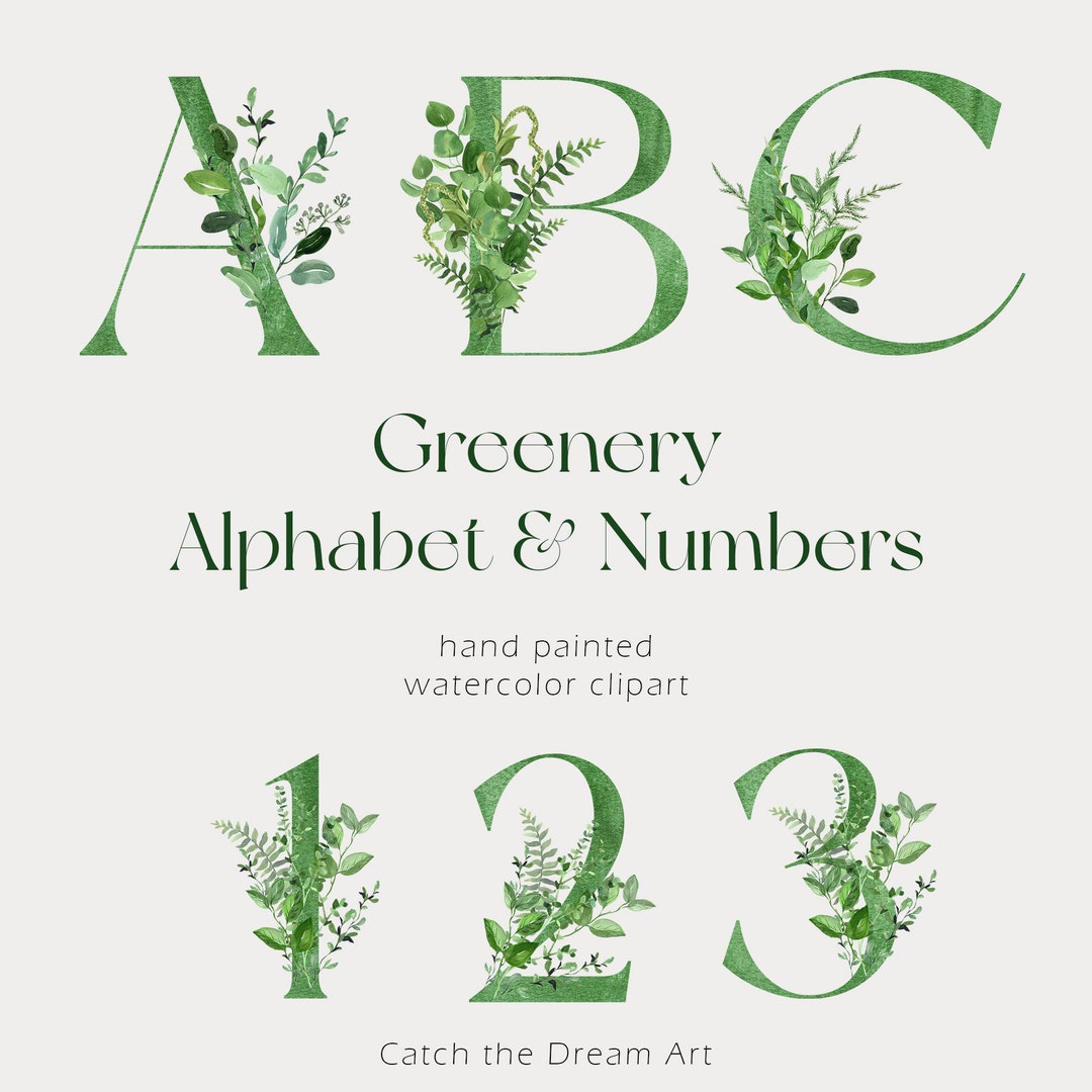 Watercolor Alphabet & Numbers Clipart Greenery Leaves Embellished Green ...
