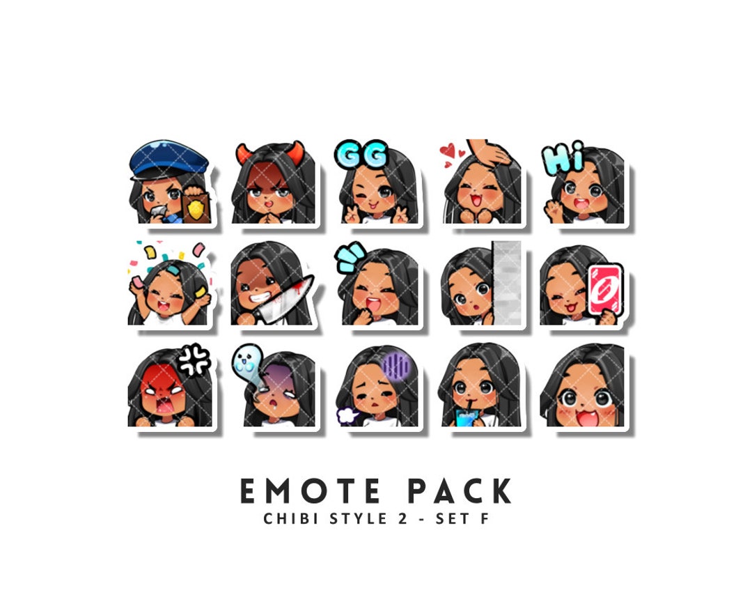 Twitch Emotes Pack Long Straight Black Hair, Black Eyes, Tan Skin Hype ...