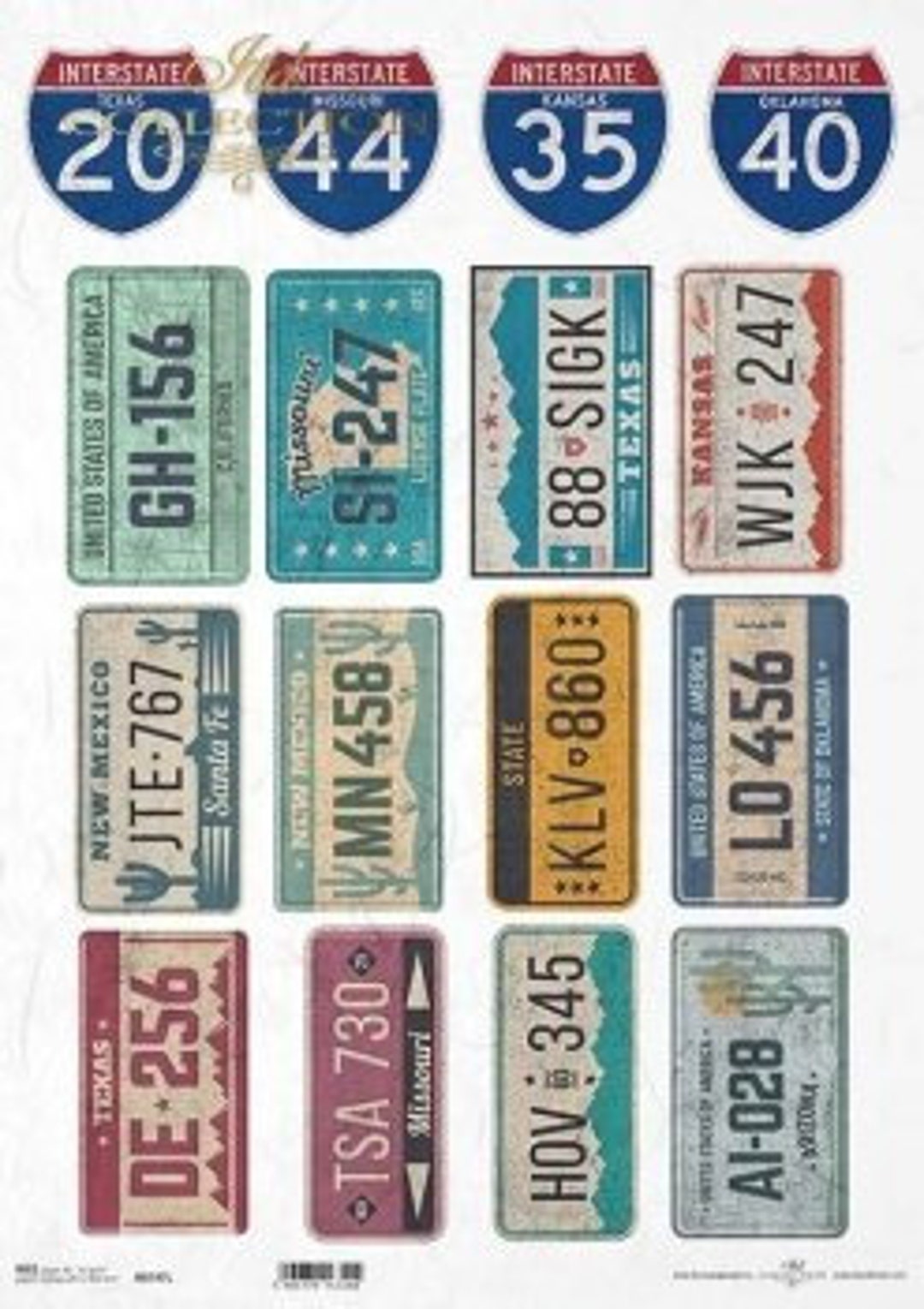 License Plates Road Signs ITD Decoupage Rice Paper | Size A3 | 16.5inch ...