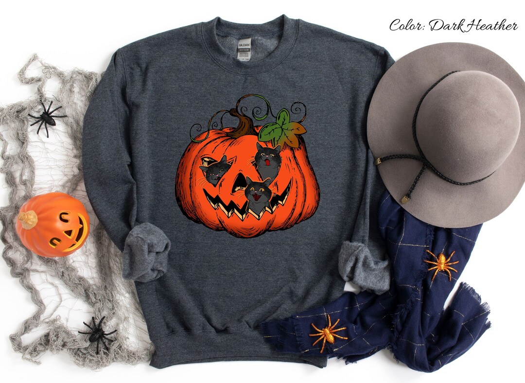 Vintage Halloween Cat Sweatshirt, Pumpkin Face Shirt, Cat Sweater, Cats ...