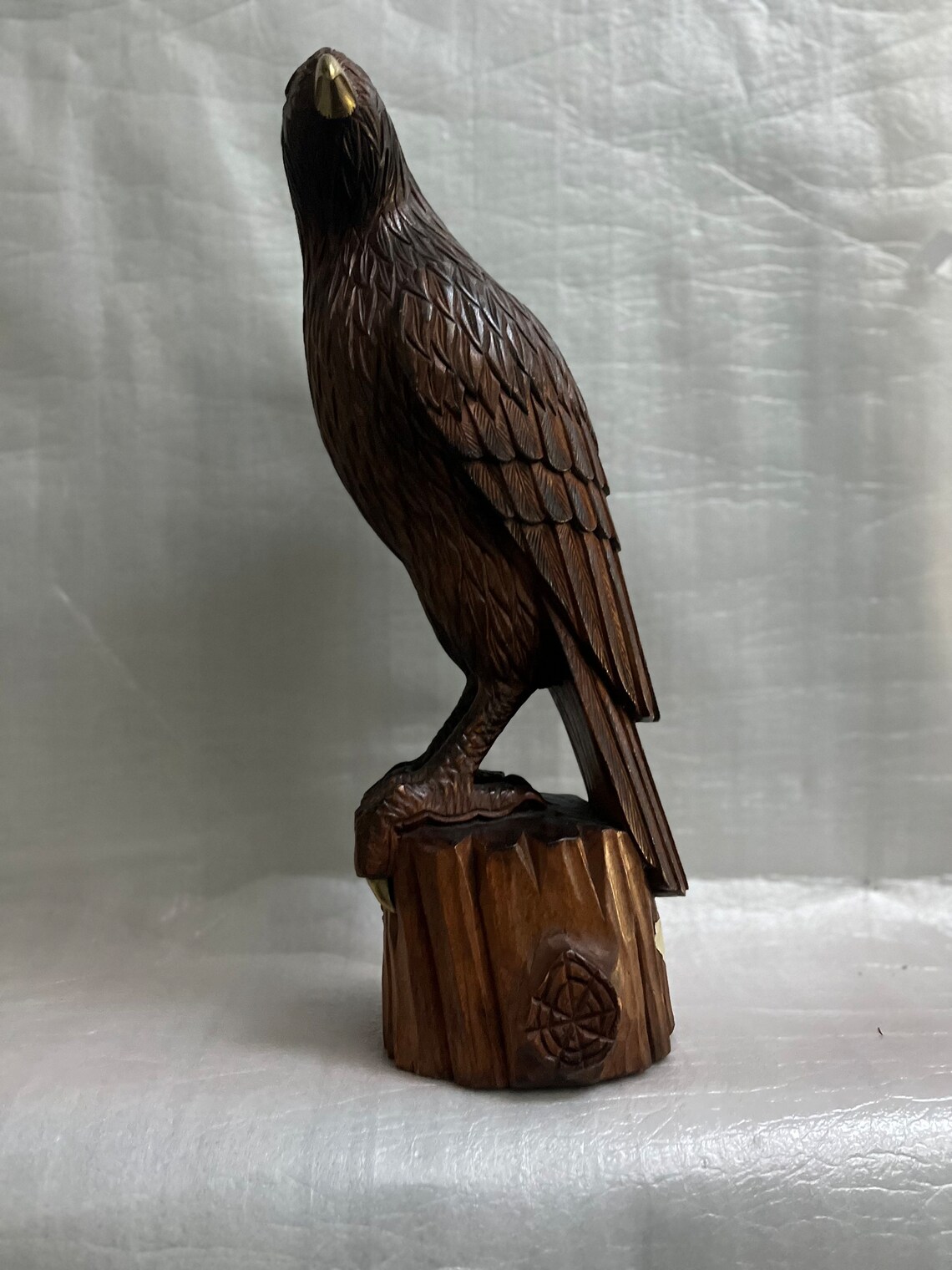 A Hand Carved and Contrastingly Stained Wood Eagle Perched on a Tree ...
