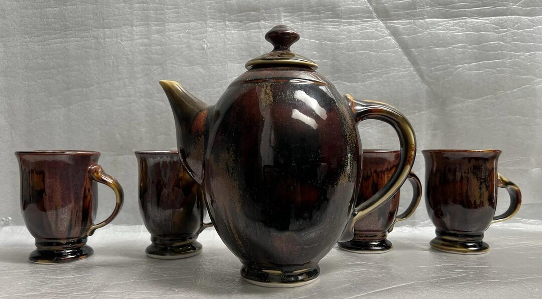 Edgecomb Pottery Brown Tea- Coffee Serving Set, Kettle and 4 Mugs - Etsy