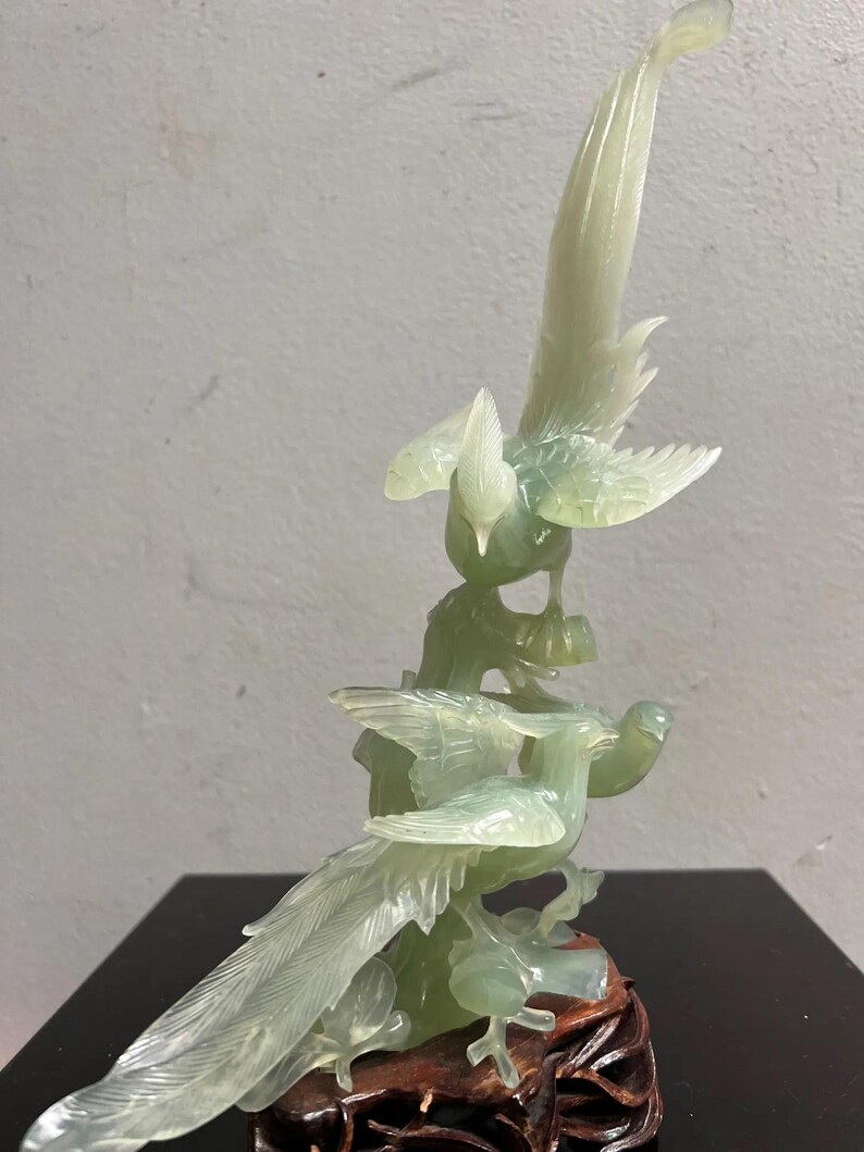 Stunning Chinese Hand Carved Green Jade Birds on a Branch on Wood Base ...