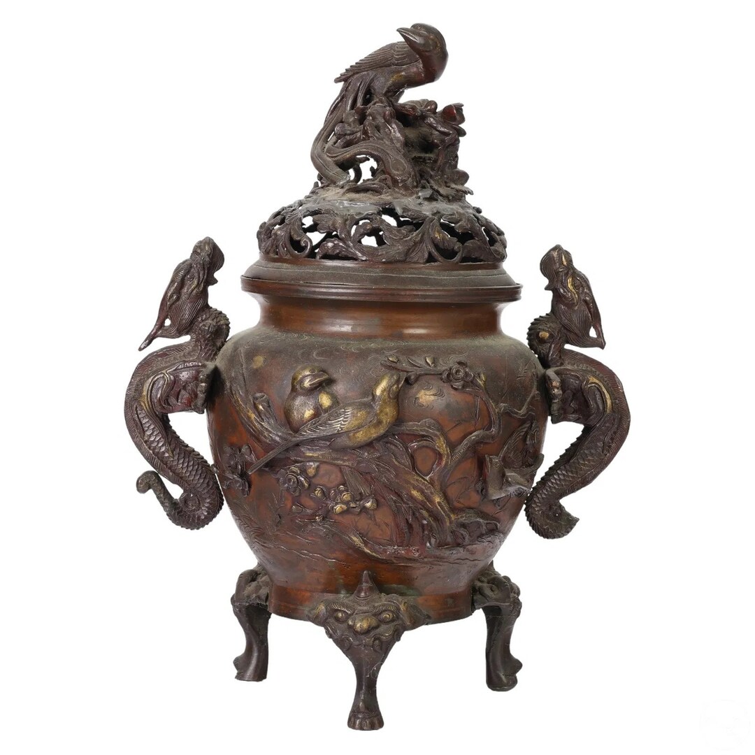 Japanese Bronze Dragons Foo Dogs & Bird Censer Urn 15 T - Etsy