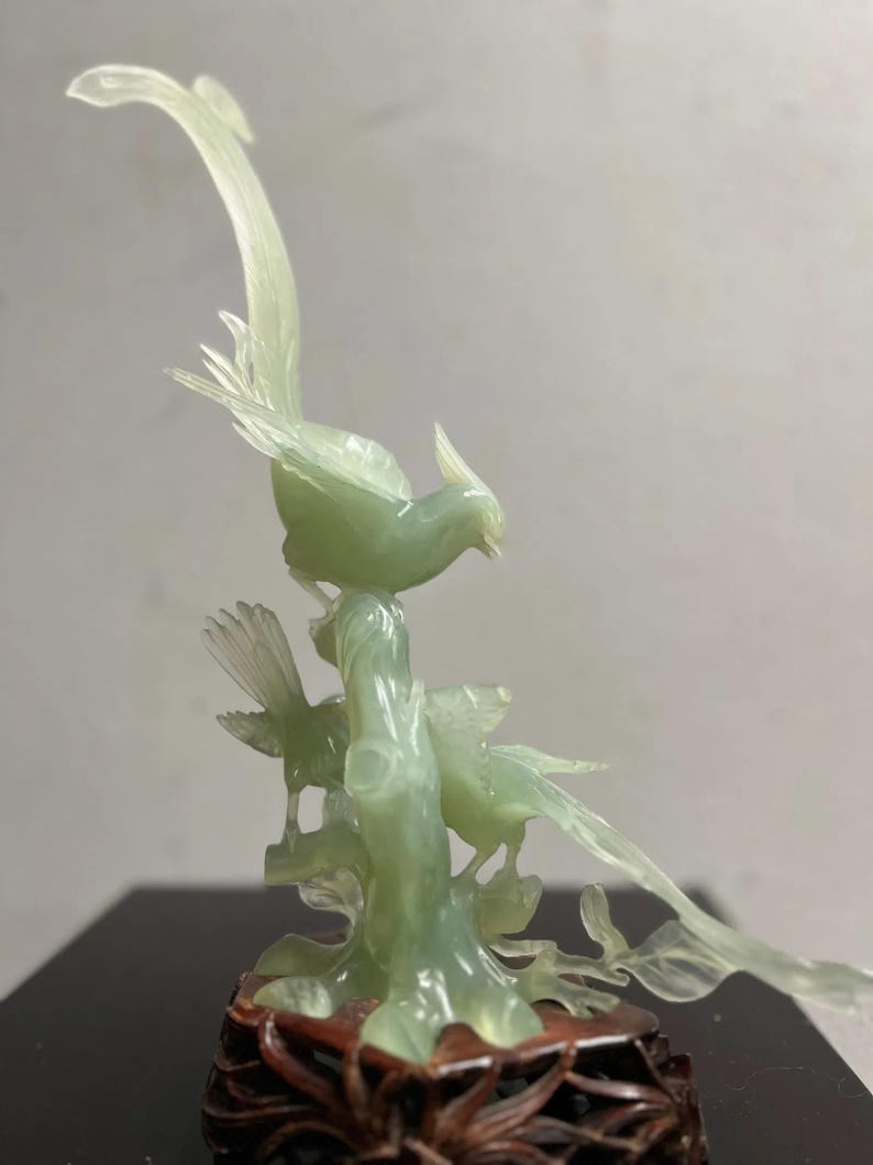 Stunning Chinese Hand Carved Green Jade Birds on a Branch on Wood Base ...