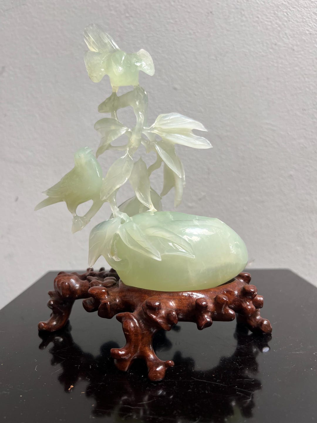 Stunning Chinese Hand Carved Green Jade Birds on a Branch on Wood Base ...