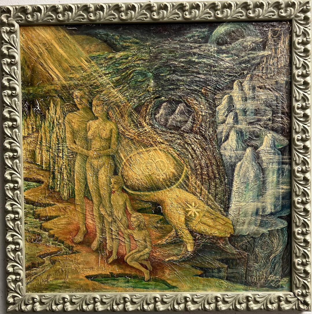 Lester C Johnson AKA GESLOS, Mid Century Oil on Board , 2 Sided Wk ...