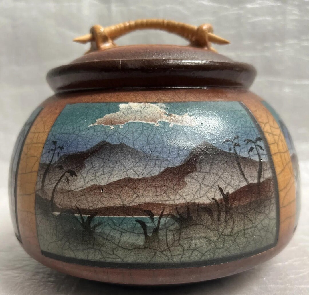 Ken Jensen Raku Pottery, Hand Shaped and Painted Covered Jar4 Scenes ...
