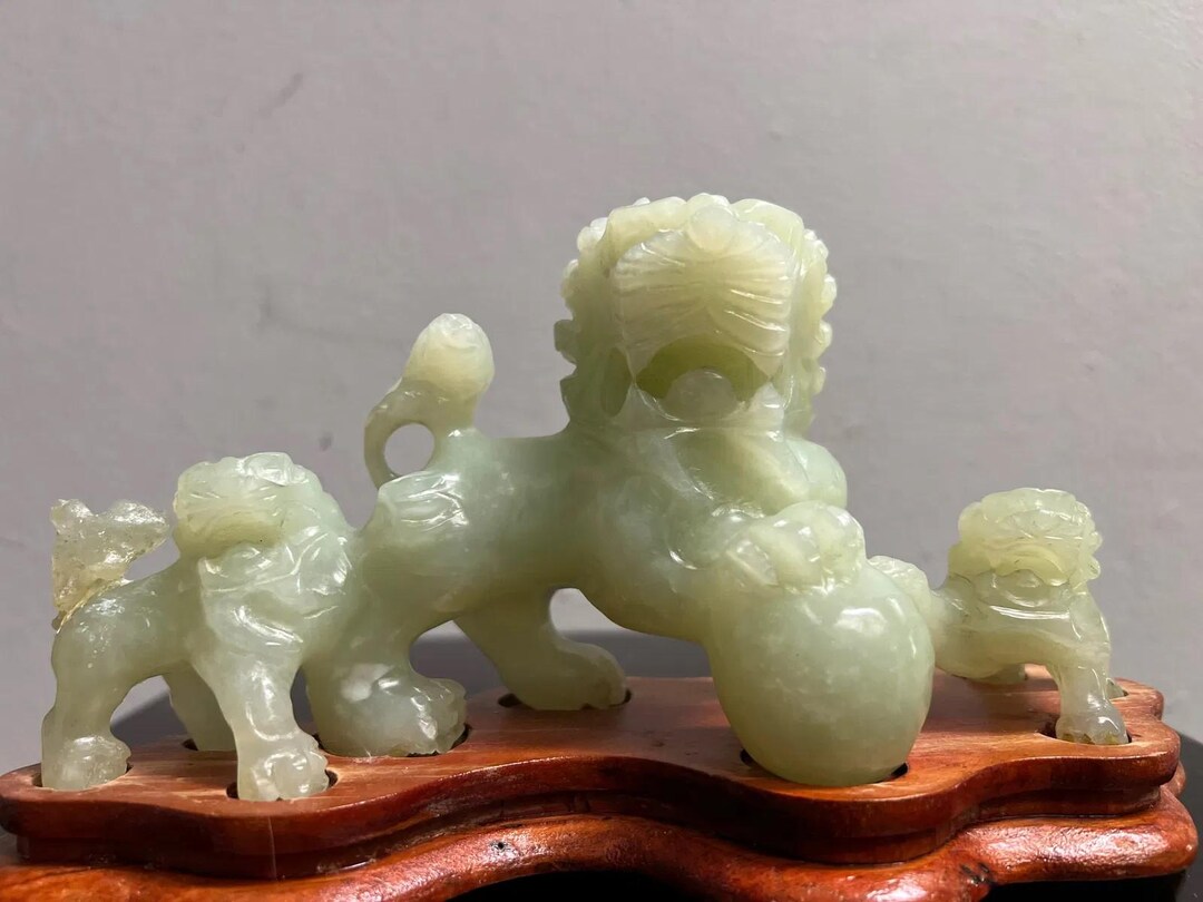 Stunning Chinese Hand Carved Green Jade Foo Dogs on Wood Base - Etsy