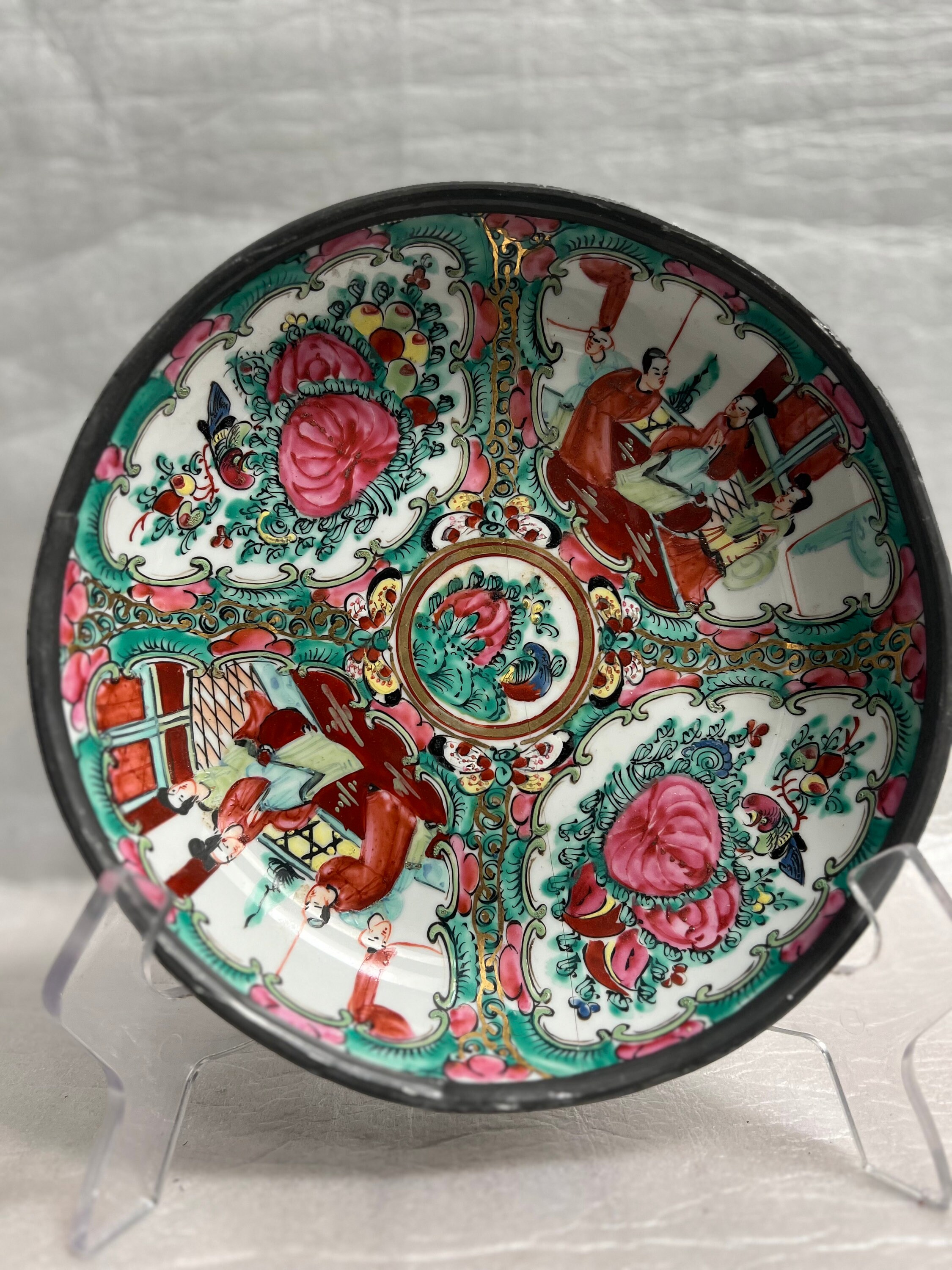 Vintage Japanese Porcelain & Pewer Hand Painted Famille Rose Medallion ...
