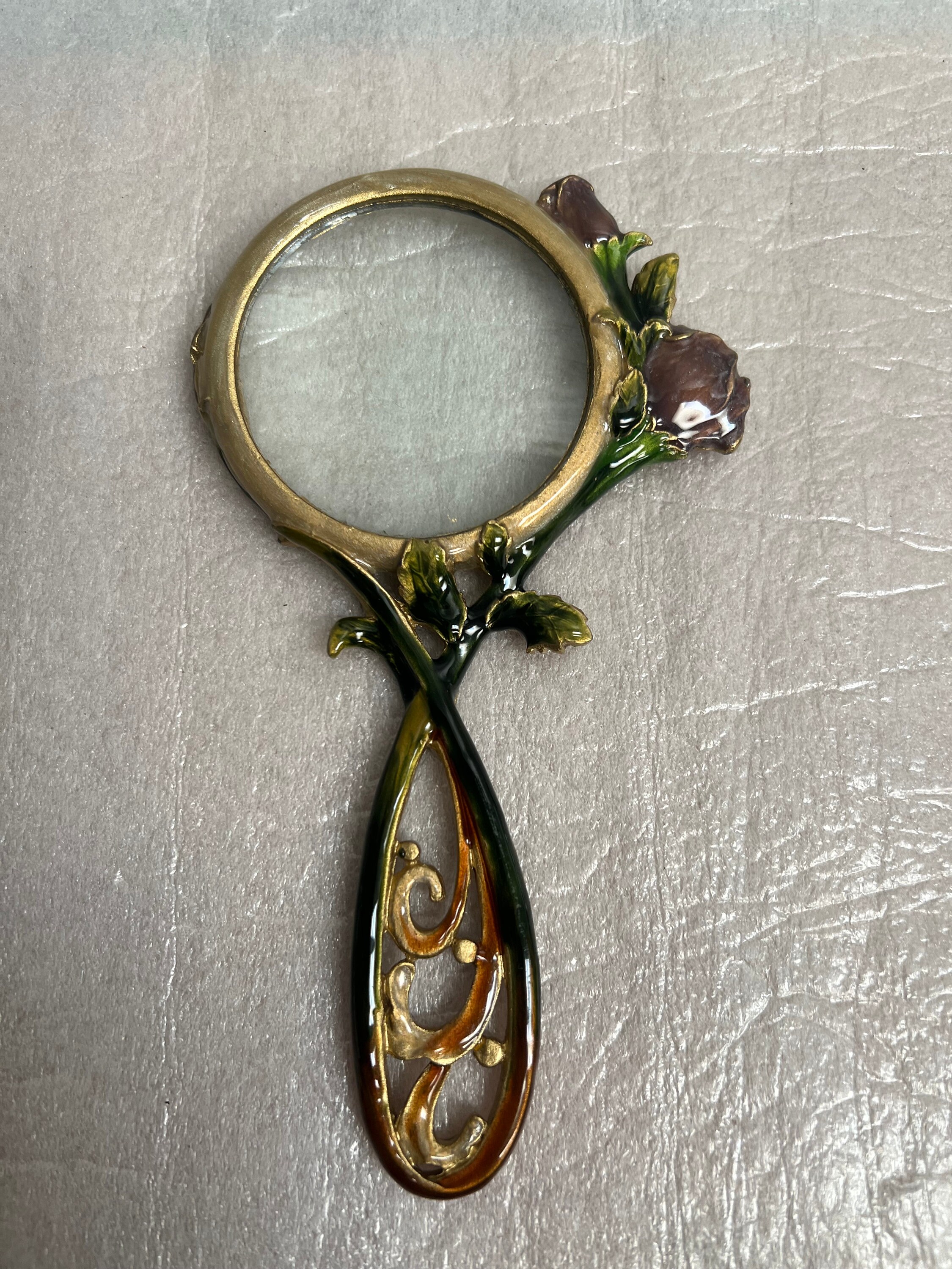 Antique Art Nouveau Purple Rose Flower Enameled Magnifying Glass With ...